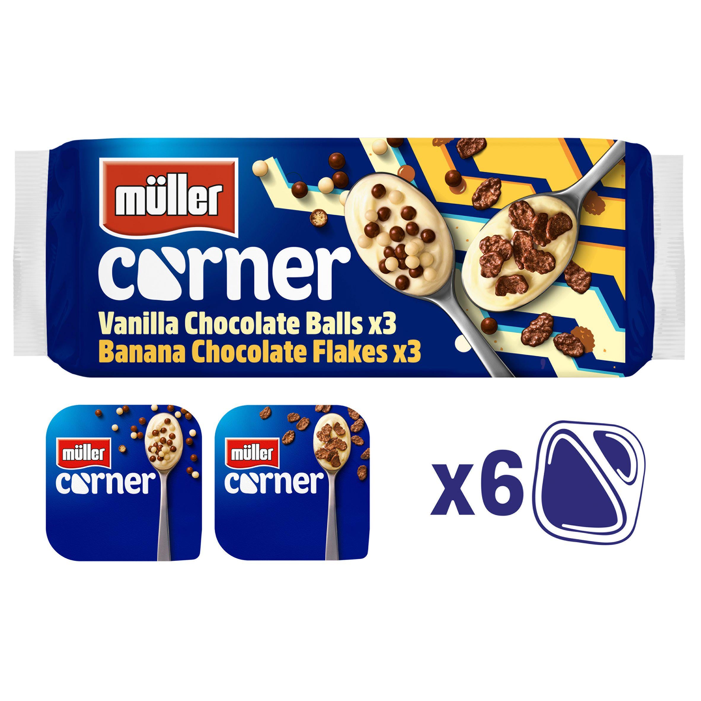 Müller Corner Vanilla Chocolate Balls & Banana Chocolate Flakes Yogurt